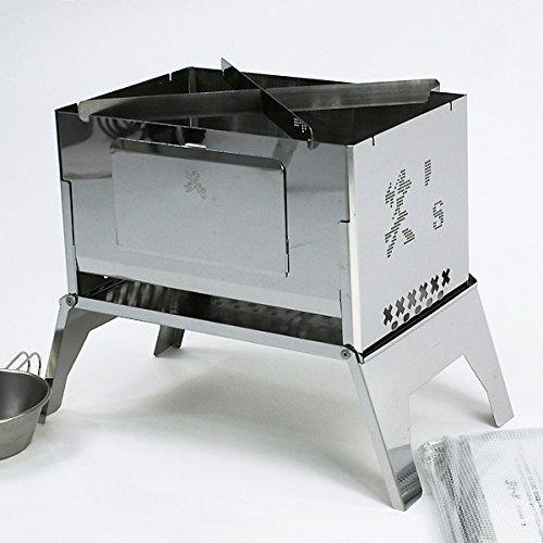 笑's・焚き火グリル A-4君収納サイズ：　約292mm×206mm×20mm 組立サイズ：　約365mm×206mm×290mm 重量　　　：　約1．9Kg 材料　　　：　0．8mm厚ステンレス・リベット 静止耐荷重：　10kg 火床の深...