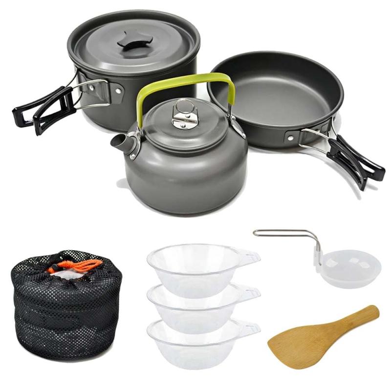 JetWave キャンプクッカーセット 9点セット アルミ製 軽量 コンパクト収納 2-3人用 アウトドア調理器具 登山 BBQ 防災 収納袋付き【商品仕様とサイズ】2～3人用のキャンプ用調理器具セット（鍋、フライパン、800mlの水筒を含...
