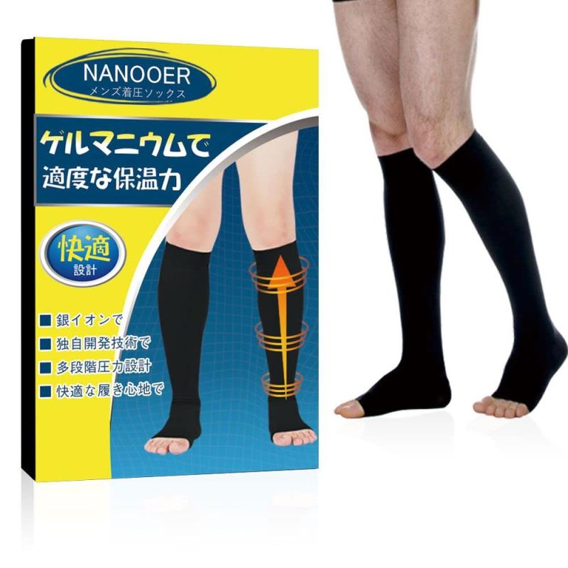 [NANOOER] 1足組 着圧ソックス メンズ 靴下 ハイソックス 加圧 段階着圧 弾性ストッキング 男性用 つま先なし オープンタイプ スポーツ フィットネス (ブラック,S-2XL)【足がリラックスする】人間工学に基づいた段階加圧設計...