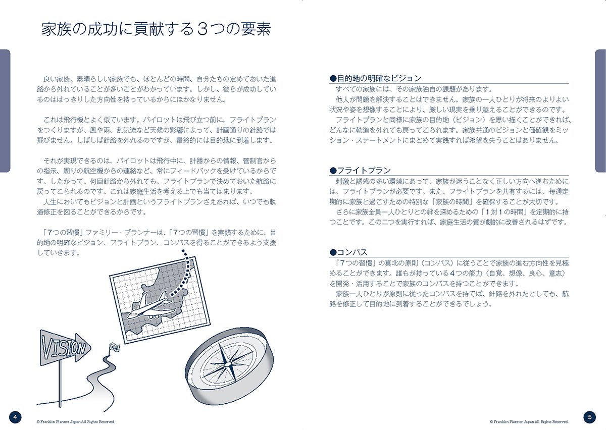 サイズ：A5サイズ、ページ：288ページ、カバー：透明塩化ビニール。【構成内容】・家族のための7つの習慣　・4つのステップを実行する（ステップ1：ミッション・ステートメント 家族のミッション、ステップ2：年間目標、ステップ3：月間目標、ステ...