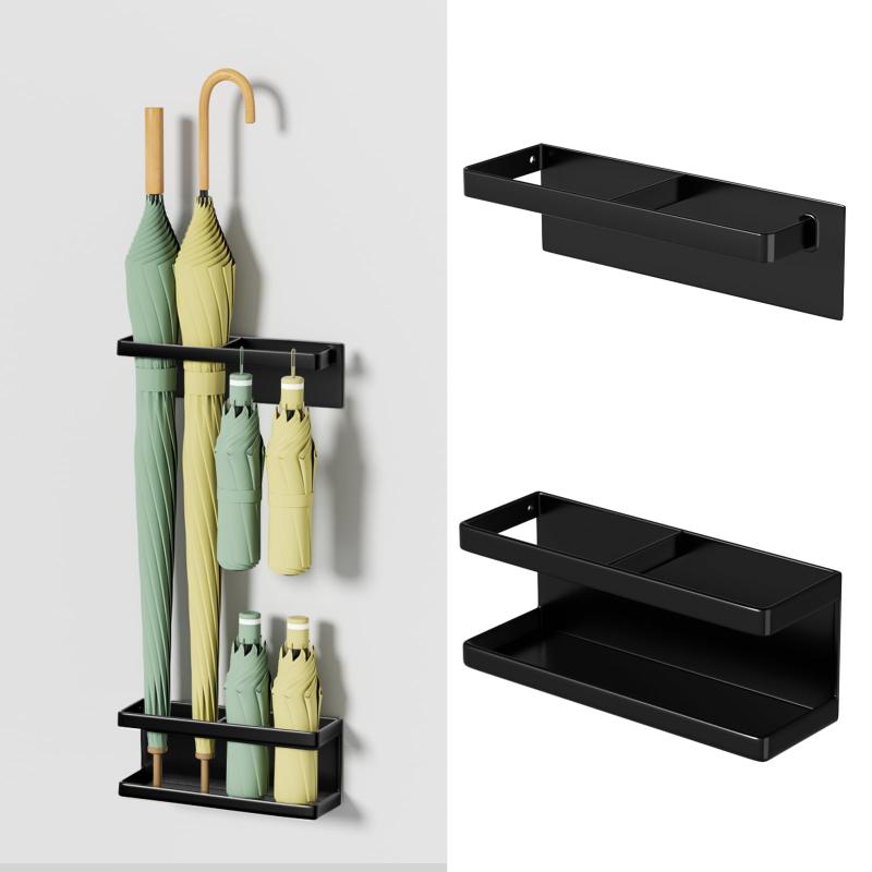 マグネット式玄関傘立て 穴あけ不要 トレー付き 滑り止め付き 折り畳み傘/長傘対応 小物収納 コンパクト 省スペース 簡単設置 ホワイト