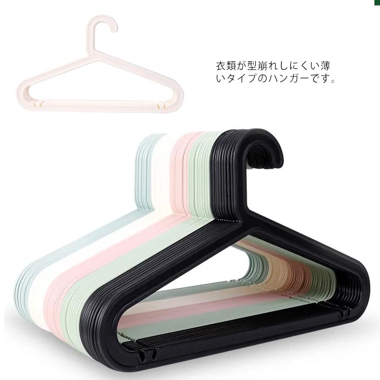 薄いタイプだからクローゼットにすっきりと収納可能。柔軟性があり丈夫なpp素材を使用！服の肩に近い形状なので、服がよれる事を防ぎます。大人のサイズとキッズのサイズをご用意しております。お買い得な30本セットです。●製造ロットにより、細部形状の...