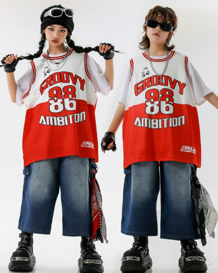 【原産国／製造国: 中国】 .キッズダンス衣装 セットアップ 赤 バスケ服 袖なし ヒップホップ ベスト デニムパンツ ハーフパンツ tシャツ ダンス衣装 k-pop 衣装 レッド 体操服 チアガール 男の子 女の子 韓国 カッコイイ スト...