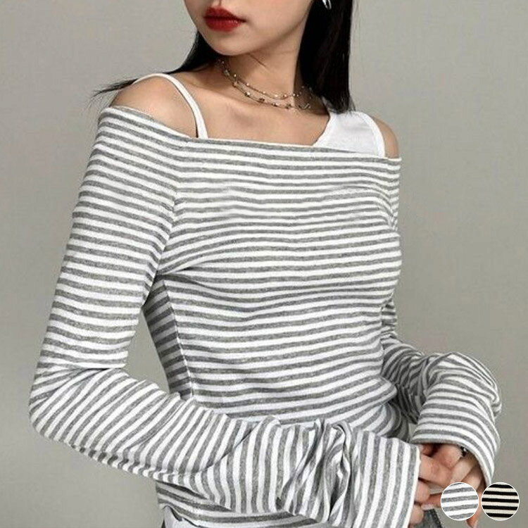【商品番号】8197韓国デザインのボーダー柄オフショルダー長袖Tシャツ。トレンディで女性らしいスタイルを演出するアイテムですクラシックなボーダー柄がかわいいオフショルダートップス。長袖のオフショルダーのデザインは肩やデコルテを美しく露出し、...