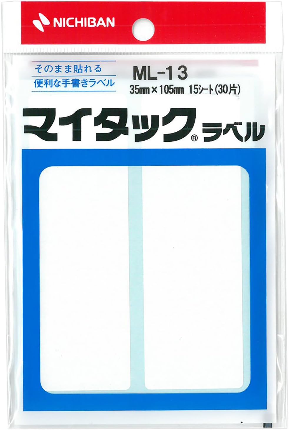 ●入数：1P ●1P入数（片）：15シート（30片）●ラベルサイズ：縦35×横105mm ●材質：基材＝上質紙，粘着剤＝アクリル系，はく離紙＝ノンポリラミ紙
