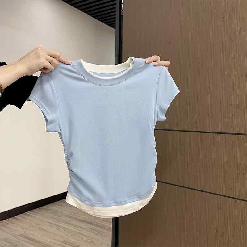 ドーパミン ウェア 夏の新 スタイル プリーツ ウエスト スリム ラウンドネック Tシャツ レディース フェイク ツーピース モーダル 半袖 トップ生地名: ビスコースファイバー主な生地構成: ビスコースファイバースタイル: プルオーバー,...
