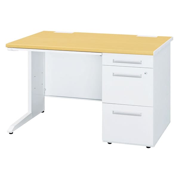 商品詳細（サイズ）■天板：メラミン化粧板　スチール　ポストフォーム加工（前後面）■エッジ：ABS樹脂エッジ■脚部・幕板：スチール　粉体塗装（ホワイト）■脚上：ABS樹脂カバー　フック付■脚下：ABS樹脂カバー　アジャスター付■袖箱：スチール...