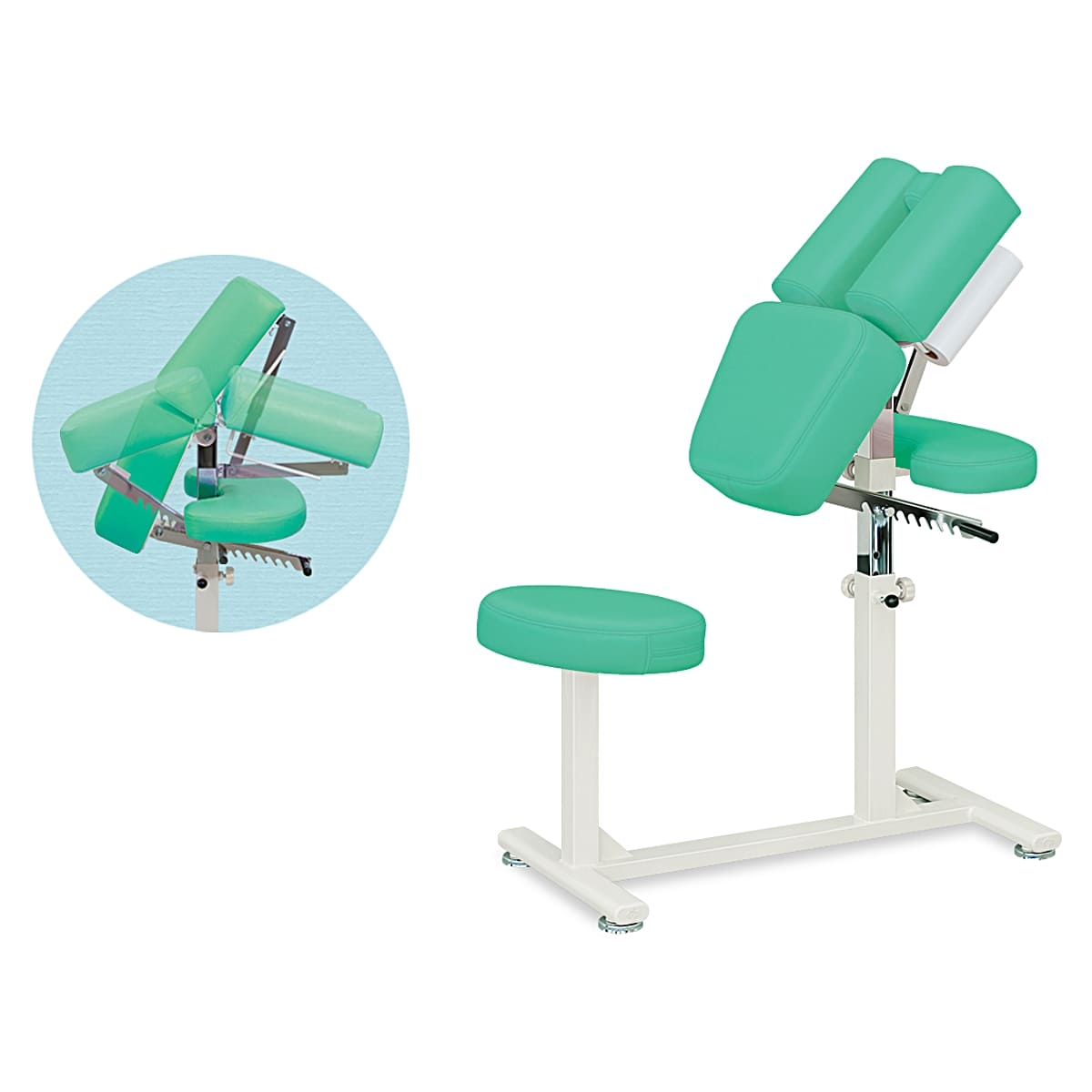 商品詳細（サイズ）■ヘッド：縦型ヘッド・ラチェット式15段階角度調節・小マクラ付き■バスト：フック式9段階角度調節機能■手置き：ラウンド型アームレスト■前ポール：ストッパー付き6段階高さ調節機能・ノブネジ2カ所止め■後ポール：高さ固定式■重...