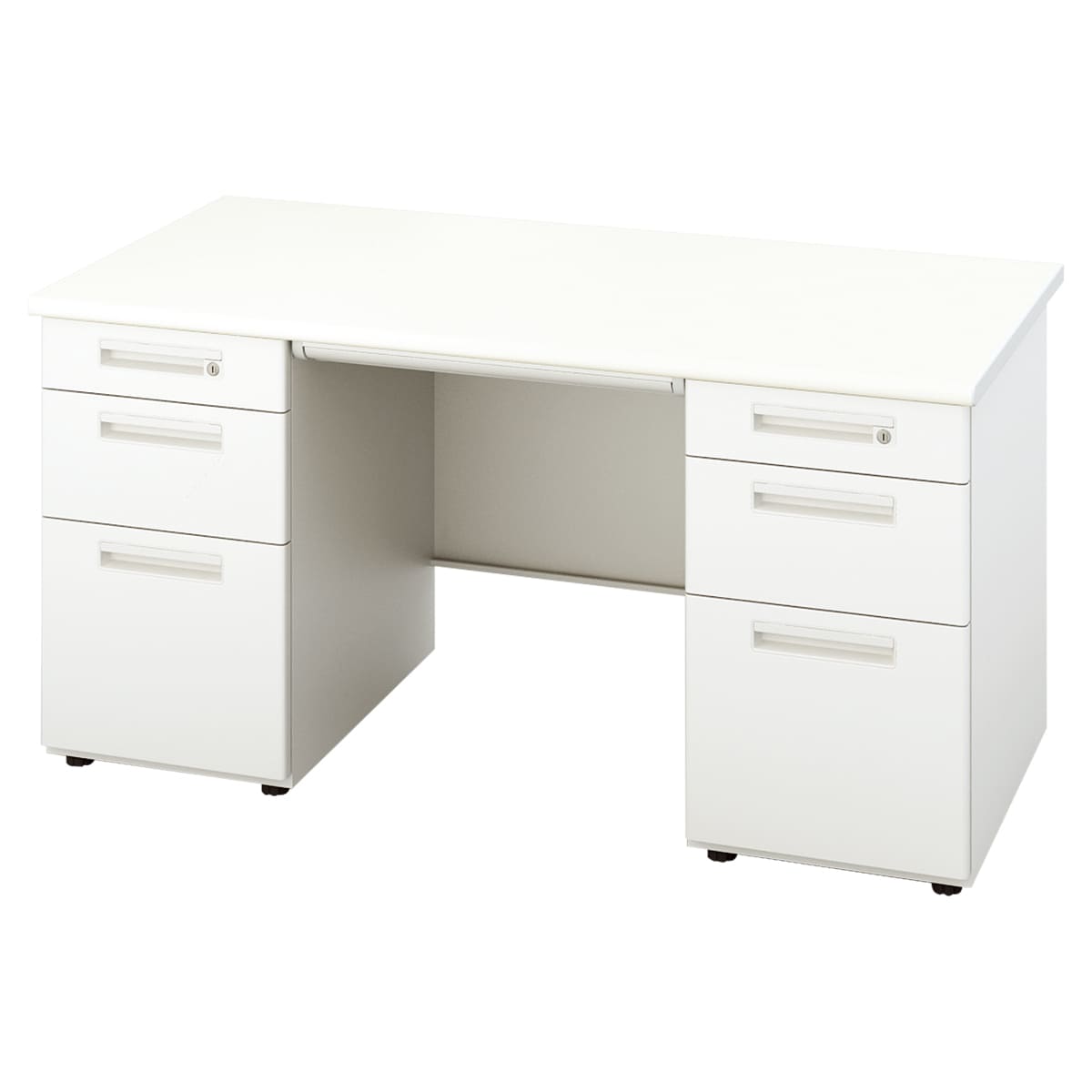 商品詳細（サイズ）■天板：メラミン化粧板　ABSエッジ■本体：スチール塗装仕上　アジャスター付■引出し（左袖・右袖）：　　上段：ペントレー　　中段：A5　　下段：B4・A4　ダブルサスペンション■錠タイプ：内筒交換錠　インジケーターキー　オ...