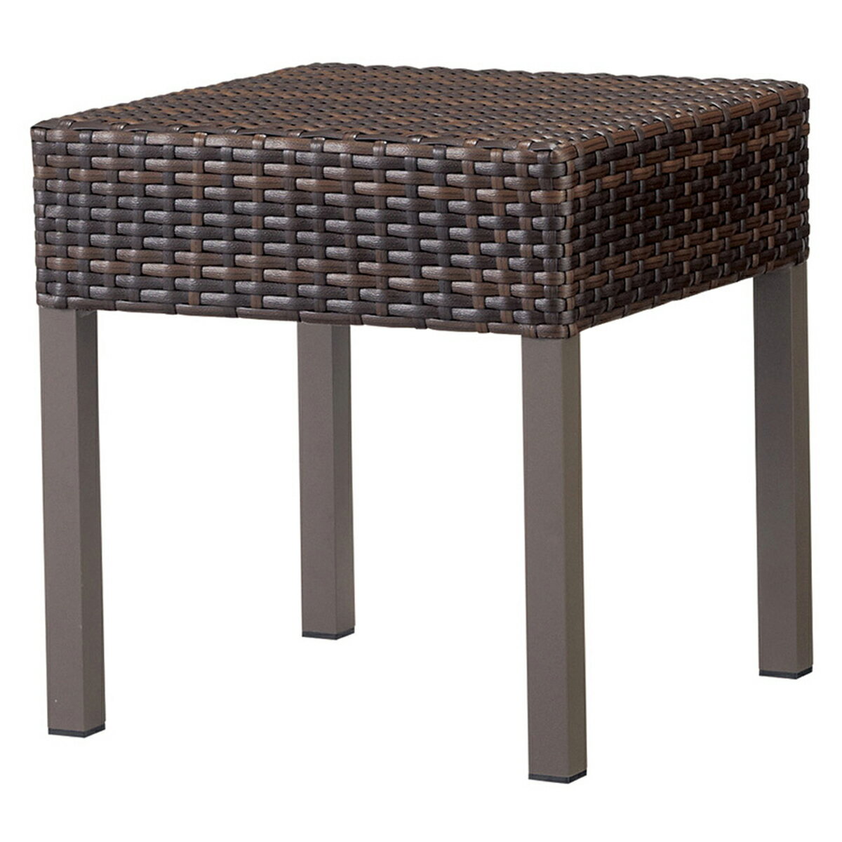 商品詳細（サイズ）■主材：アルミ角（粉体塗装　ブラウン）■座部：ポリエチレン樹脂ピール編み■機能：スタッキング（5脚まで）■重量：約3.0kg■サイズ：W400×D400×H420■補足：完成品／カラー選択／スタッキング／屋外使用可能北海道...