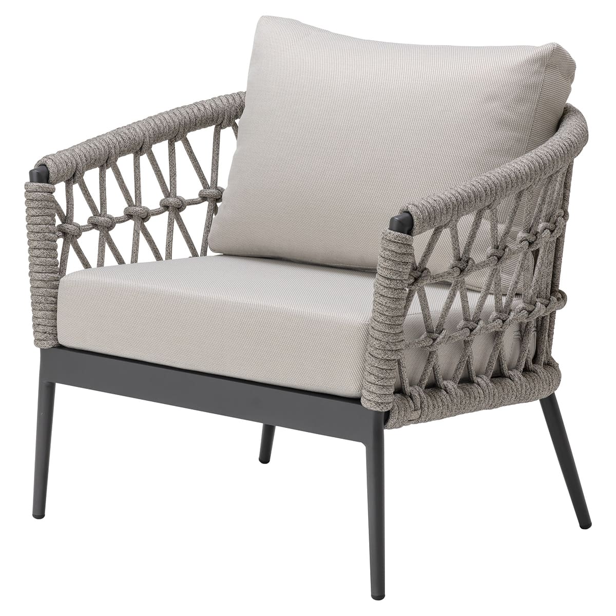 商品詳細（サイズ）■ロープ：ポリエステル(シルバー)■背・座クッション：　　芯材：ポリウレタン（クイックドライフォーム）　　クッション機能：透水　速乾　　張地：ポリプロピレン■フレーム：アルミニウム（チャコールグレー）■機能：屋外使用可能■...