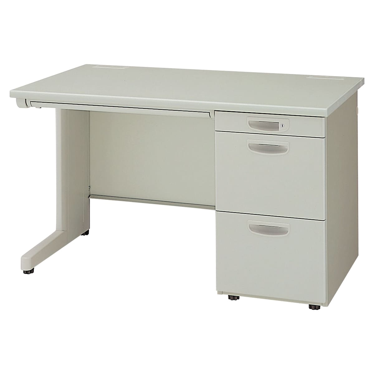 商品詳細（サイズ）■天板：メラミン化粧板　ABSエッジ■本体：スチール塗装仕上　アジャスター付■引出し：　　上段：ペントレー　　中段・下段：A4　ダブルサスペンション■錠タイプ：インジケーターキー　オールロック機構■機能：ラッチ付　タテ配線...