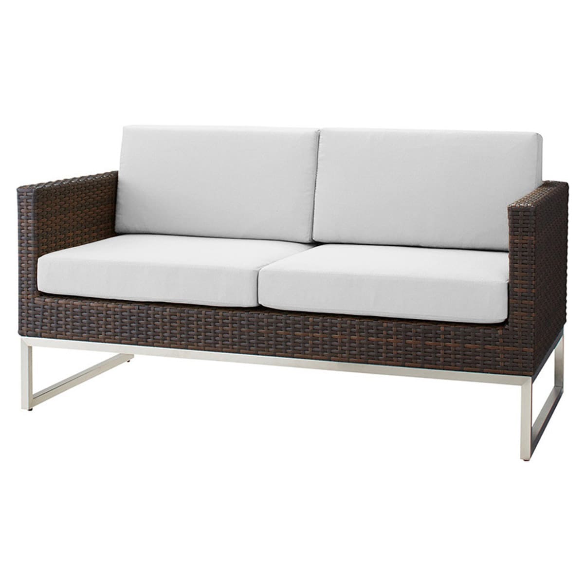 商品詳細（サイズ）■主材：アルミ角　ポリエチレン樹脂ピール編み（ダークブラウン）■背座部：クッション付（座裏ヒモ縛り式）■脚部：ステンレス（ヘアライン仕上げ）アジャスター付■サイズ：W1340×D660×H705（SH405 AH595）■...