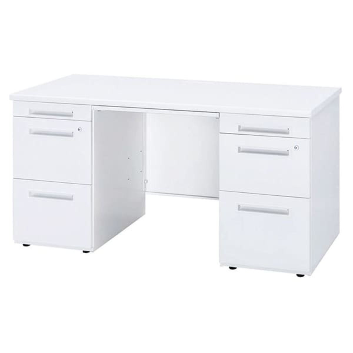 商品詳細（サイズ）■天板：メラミン化粧板　スチール　ポストフォーム加工（前後面）■エッジ：ABS樹脂エッジ■脚部・幕板：スチール　粉体塗装（ホワイト）■脚上：ABS樹脂カバー　フック付■脚下：ABS樹脂カバー　アジャスター付■袖箱：スチール...