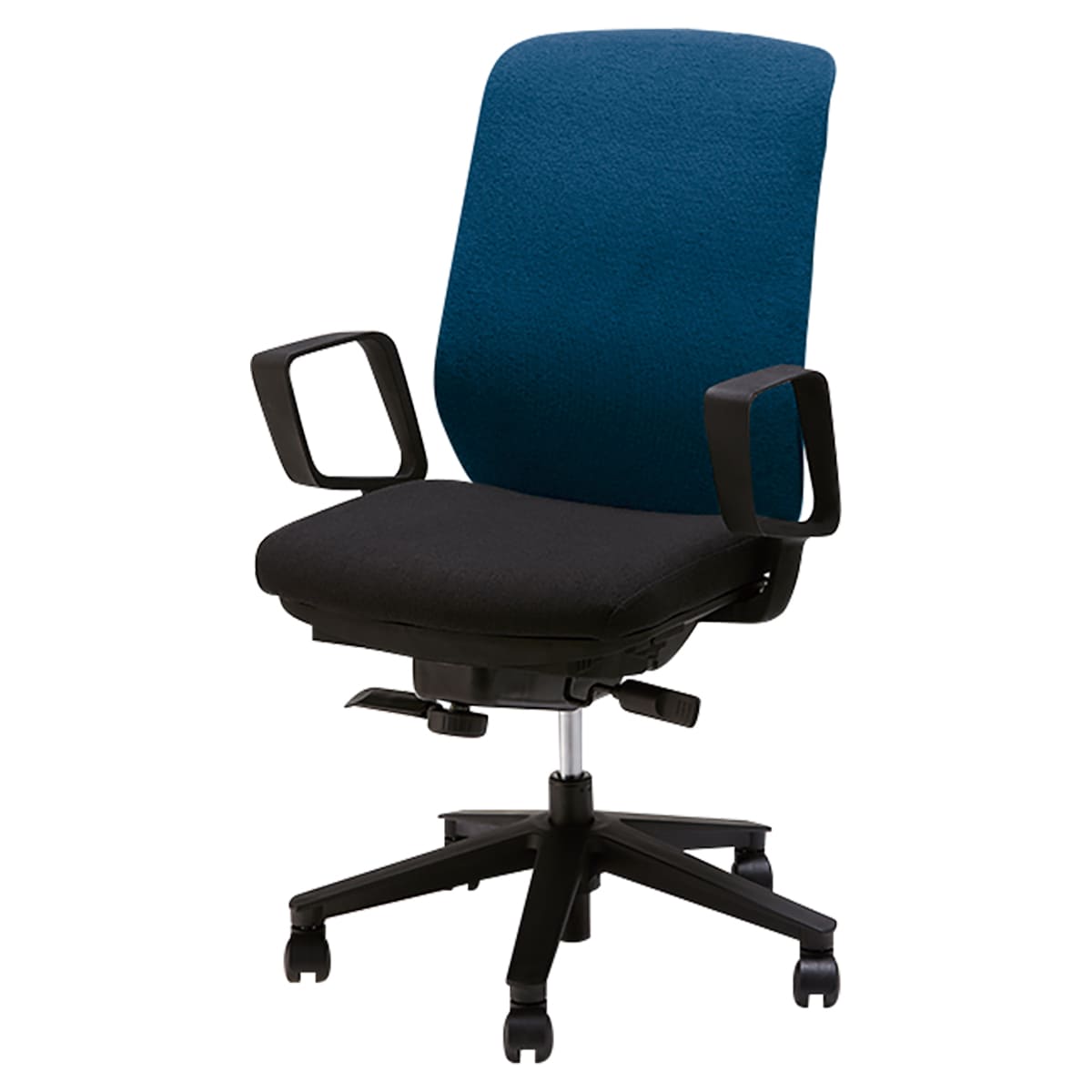 商品詳細（サイズ）■背面：布張り（スマートフィットタイプ）■座面：布張り■座部：モールドウレタン　アンカーフィットシート■脚部：PA+GF樹脂成型5本脚　双輪キャスター■機能：座面奥行調節　ガス圧式昇降　アンクルリンクロッキング　ロッキング...