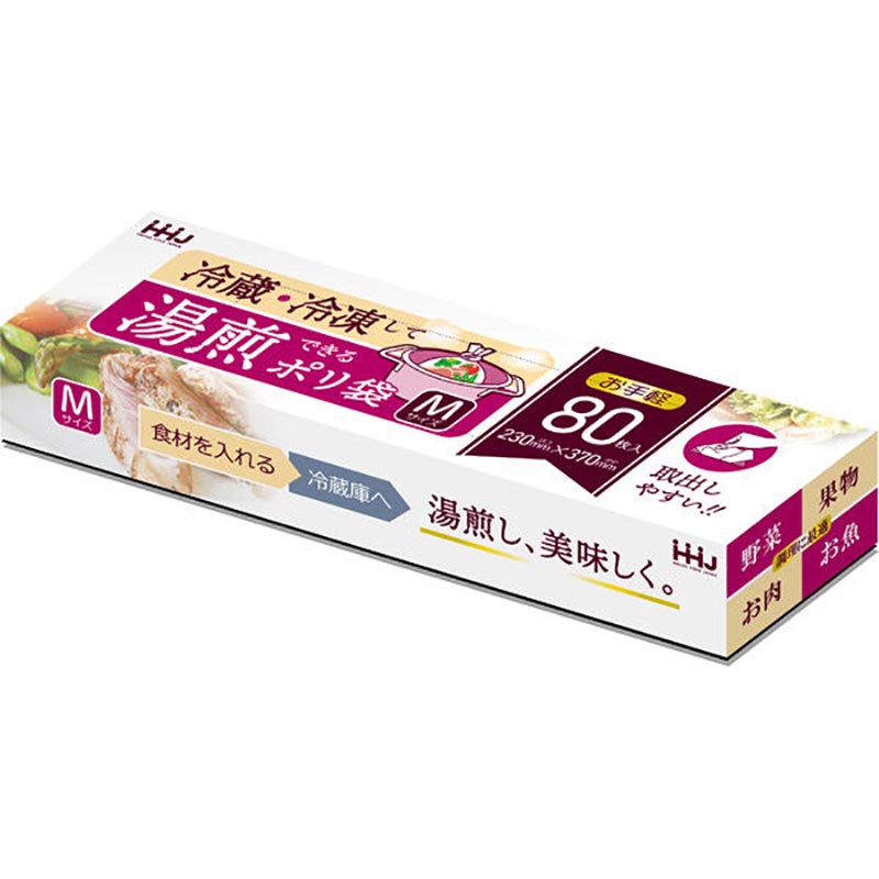 縦長で縛りやすく湯煎ができるポリ袋 食材を入れて冷蔵庫・冷凍庫へ湯煎しおいしく！ 野菜、果物、お肉、お魚の調理に最適！ 1枚サイズ：230×370mm 80枚入 材質：高密度ポリエチレン/食品用 耐熱温度：約110℃/耐冷温度：約-30℃ ...