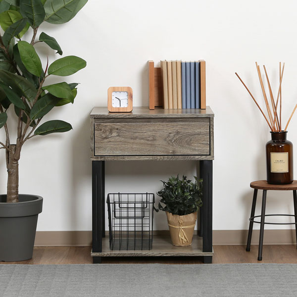 全体：幅450 × 奥行395 × 高さ551 耐荷重(天板)：15kg 塗装：なし材質：プリント紙化粧パーティクルボード／（支柱）プラスティック