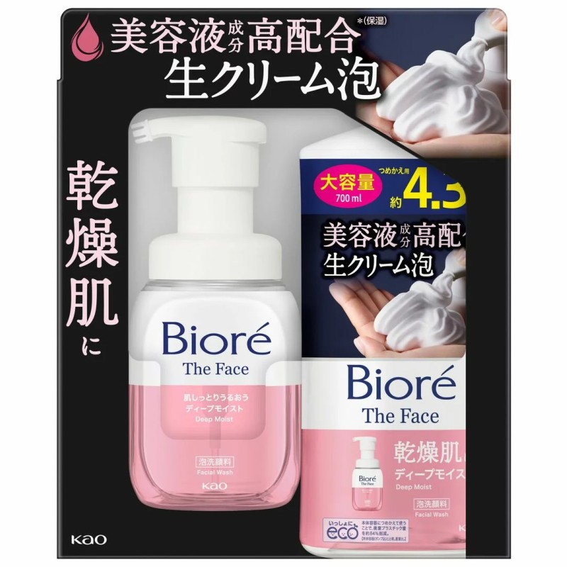 泡洗顔料 美容液成分高配合＊生クリーム泡 ＊グリセリン、ヒアルロン酸（保湿）　ビオレザフェイス内で高配合 カサつきが気になる乾燥肌に やさしいホワイトサボンの香り 本体200ml＋替え700ml