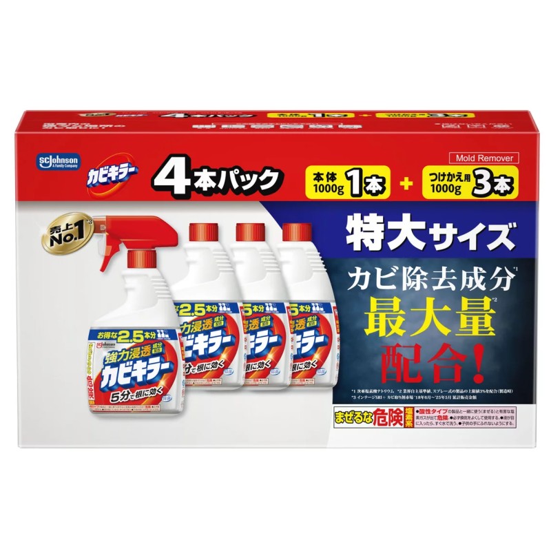 カビキラー独自の強力浸透成分配合で、カビの根の奥の奥まで強力浸透 ゴムパッキンの黒カビまでスッキリ落とす 本体 1,000g + 替え 1,000g x 3本 発送の時期により、パッケージのデザインが変更となる場合がございます。
