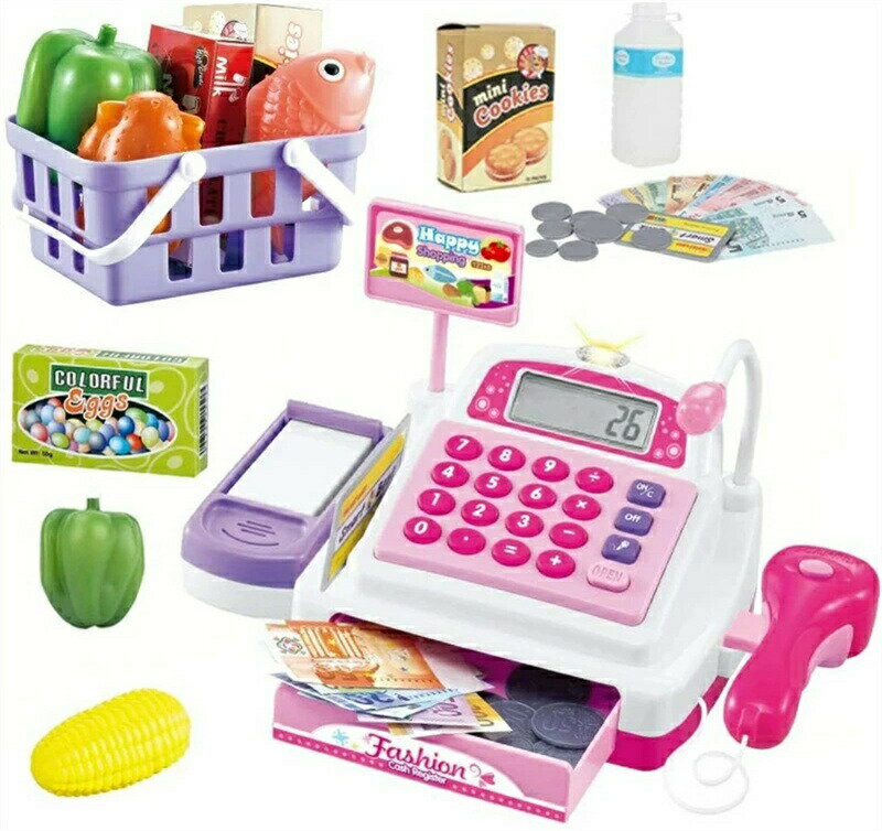 【お買物ごっこしよう！】大人気のレジスターで果物を買って楽しいお買物ごっこ！お買い物かごに小物を入れて、お客様になったり、セットされてるお金でお菓子を買ったり、お子様の知育に役立つおもちゃです。ご注意：スキャンの色はピンクとレッドがあります...