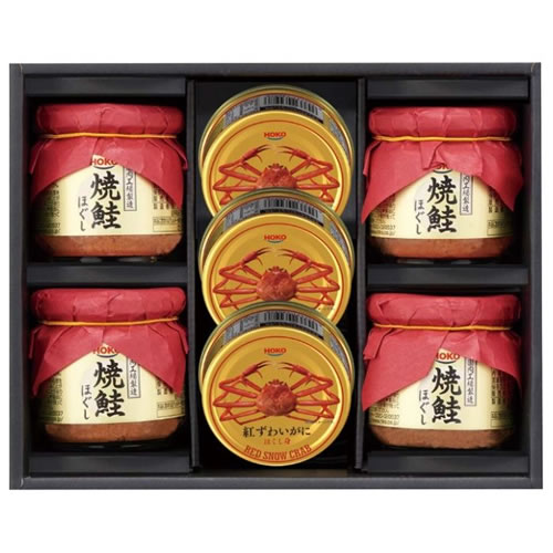 フレーク状にほぐされた紅ずわいがに水煮缶詰と焼鮭ほぐし瓶詰の詰合せです。 【商品内容】 紅ずわいがにほぐし身55g×3 焼鮭ほぐし52g×4 ※アウトレット商品の為、包装はございません。 包装ご希望の方は、有料となりますので、別途お買い求め...