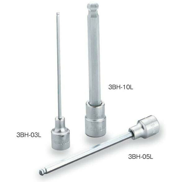 TONE(トネ)の一覧はこちら●差込角9.5mm(3/8inch)●二面幅5mm●ボールポイントヘキサゴン●二面幅5mm●ミリ●構造用鋼●六角穴付きボルト・ねじの締付け、緩め作業用。●角度を付けて使用するボールポイントタイプは仮締めに便利で...