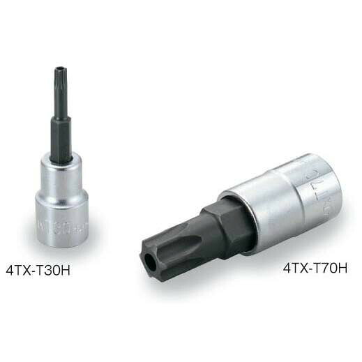TONE(トネ)の一覧はこちら●差込角12.7mm(1/2inch)●T型トルクス(いじり防止)●T40H●構造用鋼●T型トルクスねじの締付け、緩め作業用。●いじり防止タイプです。早回しに便利なローレット加工仕上げです。●TORXおよびトル...