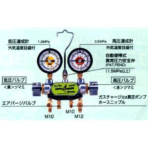 デンゲンの一覧はこちら134aマニホールドゲージ。操作ミスによる爆発の心配解消。異常圧力安全弁付。真空引、フロンスイープ、ガスチャージまでホースの脱着不要、空気混入のミス無し。便利さが判るプロ好み。適応ガス　HFC-134aバルブ方式　2バ...