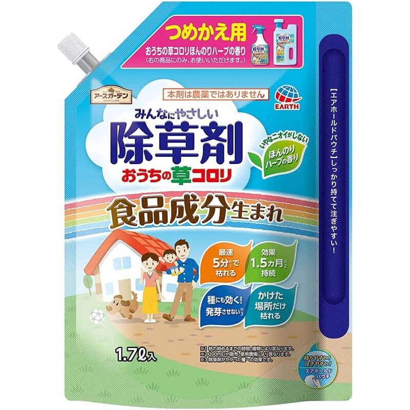アース製薬の一覧はこちら【商品説明】●詰め替え時に持ちやすくて注ぎやすいエアホールドパウチを採用。●食品成分(ペラルゴン酸)から作られた除草剤。【使用方法】●枯らせたい雑草の茎葉に直接散布する。●使用時期：雑草生育期(草丈30cm以下)●使...