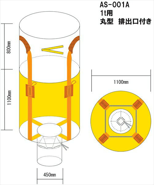 WING ACEの一覧はこちら1枚サイズ：約Φ1100mm×高さ約1100mm重量：約1.8kg用途：原料、粒状物の運搬、土木、河川工事等材質：ポリプロピレン最大充填量：1,000k容量：1(m2)排出口つきのため排出が楽です1梱包サイズ（...