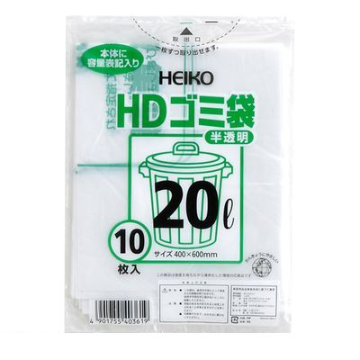 【商品説明】■容量表記タイプです。■外寸：縦600×横400mm■厚：0．014mm■材質：中低圧PE■容量：20l■半透明ゴミ袋（10枚入）4901755403619