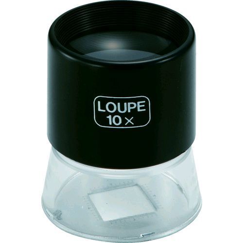 【特長】●スケール付なので細かい検品作業に最適です。【用途】●精密部品、製図、各種鑑定や工具の検査など。【仕様】●倍率(倍)：10●レンズ寸法(mm)：28●外径(mm)：35●全高(mm)：43●測定範囲(mm)：10●最小目盛(mm)：...