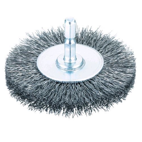 【特長】●ブラシ形状が円盤型で、外側に向かって放射状に毛が植わっています。●電動インパクトドライバーで使用するため、ワンタッチで取り外しができます。【用途】●金属面などのバリ取り、研磨、洗浄など。【仕様】●線径(mm)：0.3●毛材：ワイヤ...
