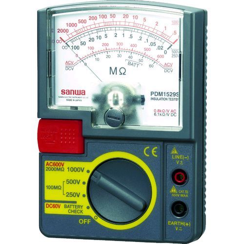 三和電気計器メーカーお問い合わせ：0120-51-3930【特長】●シンプルで読みやすい目盛を搭載した3レンジ切替式絶縁抵抗計です。●単発・連続測定が可能な絶縁抵抗測定スイッチ付です。●直流電圧測定レンジ（DC60V）を搭載しています。●デ...