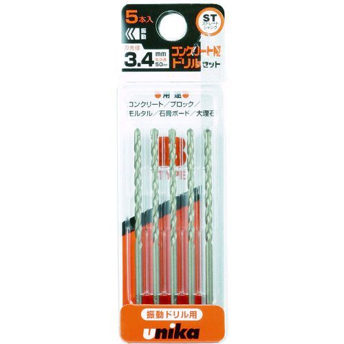 ユニカメーカーお問い合わせ：03-3864-8711【特長】●耐久性を重視した超硬チップを採用、独自設計の刃先形状・角度により、抜群の切れ味を実現しました。●3.4MMのお買い得5本パックです。【用途】●被削材:コンクリート、ブロック、大理...