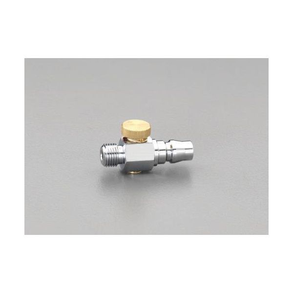 ●型…20型●材質…鋼鉄（クロムメッキ）、真鍮●取付ねじ…R（PT）1/4”●全長…50.5mm●重量…62g●使用圧力…1.0MPa●適用流体…空気●バルブ構造…片路開閉型●用途…エアーツール等の空気流量調節器として使用●流量調整付