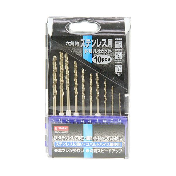 【用途】鉄・ステンレス・アルミ・樹脂・木材への穴あけ作業。【機能・特徴】刃先にはシンニング加工を施している為、材料への食いつきが良くすべりにくです。6.35mm六角軸を採用しており、チャック滑りが少なくインパクトドライバーでの使用が可能です...