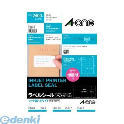 ●インクジェットプリンタでの印字適性に優れたラベルシールです。●宛名用や表示用のラベルが手軽にキレイに作れます。●乾きが早く、にじまないので小さな文字や線もクッキリ印刷。●マット紙・ホワイト。[エーワン ラベルシール(100シート/2400...