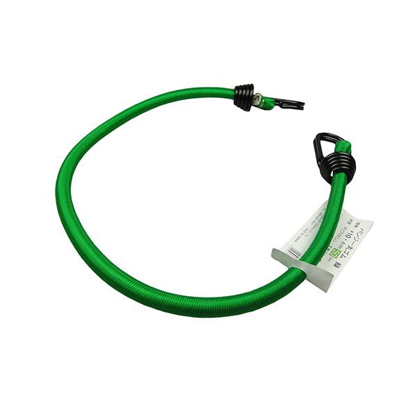 【用途】荷物の仮留め・固定。【機能・特徴】両端にフックの付いた丸ゴムです。フック取付なので、様々な所に簡単に取付可能です。【仕様】●サイズ：約50cm。●色：緑。●ポリプロピレン。●天然ゴム。●鉄。資材 運送資材 固定部材