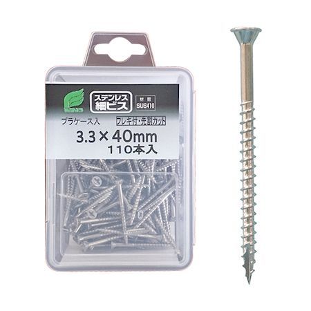 【商品説明】●強度に優れたステンレスSUS410を採用した細ビス（スリムビス）。●軽くスムースな打ち込みと高い保持力を両立するコーススレッド細軸仕様。●施工性に優れ木割れを防止する先端先割カット付。●しっかり抑え、沈む、ツバ付フレキ付頭。●...