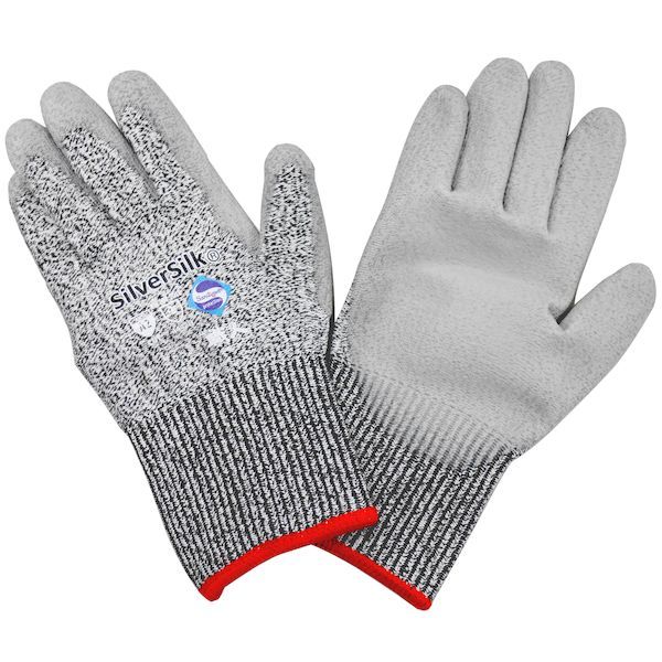 【商品説明】●素材・材質:繊維部：高強度ポリエチレン、ナイロン、ポリウレタン、その他　手平部：ポリウレタン●2.4mm×50m:S（約22.0mm)天寿刃物本舗 #267 あんたが職人 耐切創PU背抜き手袋 シルバーシルク S 496928...