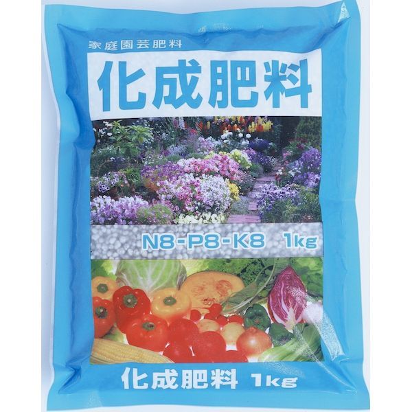 【商品説明】●使いやすい化成肥料●肥料の三要素（チッソ、リン酸、カリ）をバランスよく配合した粒状の肥料です。●花、野菜などあらゆる植物に素早い効果を発揮します。●サイズ：250mm×200mm×10mm●容量：1kg