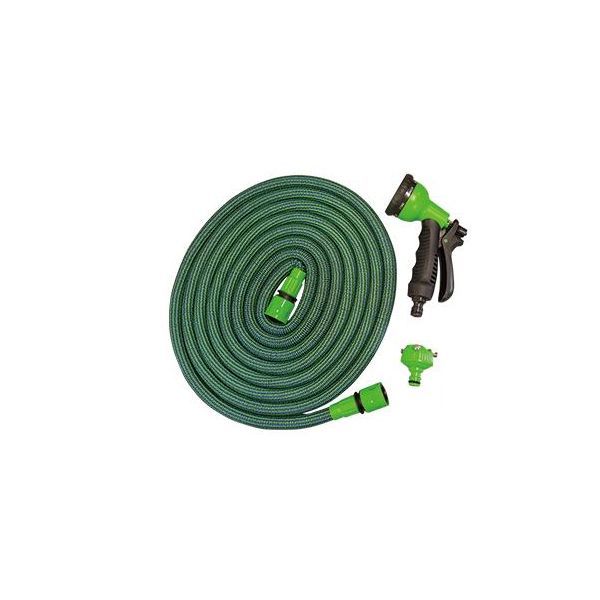 【商品説明】●水が流れるとどんどんのびーる改良型伸縮ホース●従来品より耐久性がアップした改良型です。●伸縮率は約3倍(最大15m⇔収縮時5m)●水圧で伸びる秘密は伸縮ホースの多層構造にあり●内側ホースは伸縮性の高い二層ラテックス構造！厚みも...