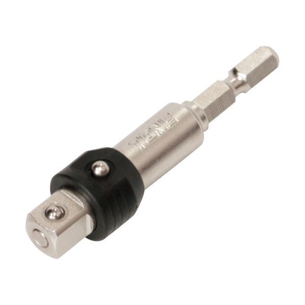 【商品説明】【特長】●クイックリリース機構付でソケットを簡単に着脱、確実に保持します。【用途】●電動工具でソケット類を使えるようにするためのアダプターです。【仕様】●対辺寸法(mm)：9.5●軸寸法(mm)：6.35●全長(mm)：75●差...