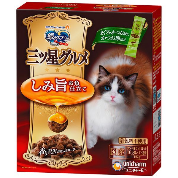【商品説明】ユニチャーム　4520699615980　銀のスプーン三ツ星グルメ しみ旨お魚仕立てまぐろ・かつお味にかつお節添え 192g香り贅沢！お魚の美味しさ・お魚の味の旨みをふんだんにしみこませたドライ粒に香りのよいかつお節が入った猫ち...