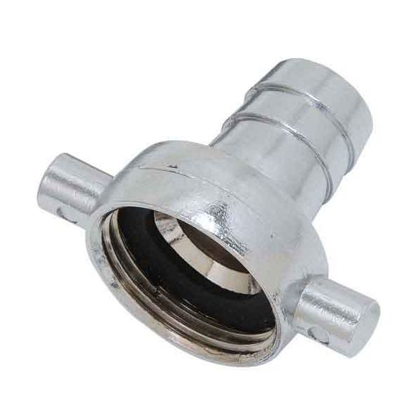 【用途】ポンプパーツ。【機能・特徴】ポンプ本体とホースの連結に使用します。タケノコ部にはホースを接続します。【仕様】●ポンプ取付側：25mm・タケノコ部：内径19mmホース用。●金属製。園芸機器 ポンプ カップリング