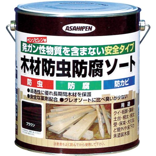 アサヒペンメーカーお問い合わせ：06-6930-5008【特長】●日光や雨に強い屋外木部専用防腐処理剤です。●ベンゾピレンなど発ガン性物質を含まない安全タイプです。【用途】●屋外未塗装部分の防腐、防虫。●土台、根太、根太受、床束、大引などの...