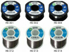 Sn-Ag系ハンダは耐蝕Eビット使用時の腐食や焼き付きが少ない鉛フリーハンダです。また、Sn-Cu系に比べ融点が低くリフロー作業に適しています。品番成分線径 mmφ重量 g長さ m税込価格HS-301Sn96.5%Ag3%Cu0.5%0.3...