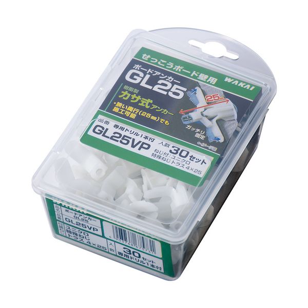 【商品説明】【特長】●25mmの狭い奥行きでも施工可能です。樹脂製カサ式ボードアンカー。●ねじを締めると羽が開き、せっこうボードを挟み込み固定します。【用途】●せっこうボード壁用【仕様】●下穴径(mm)：10●最大取付物厚さ（mm）：1.0...