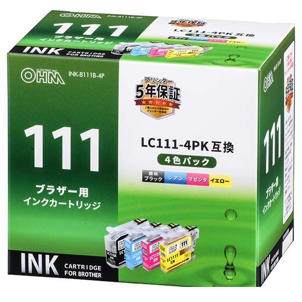 オーム電機0120-963-006【商品説明】特　徴●ブラザー純正インクカートリッジの代わりに使えます。●ブラザー純正型番は【LC111-4PK】（顔料ブラック、シアン、マゼンタ、イエロー）です。●残量表示完全対応●文章でも写真でもきれい●...